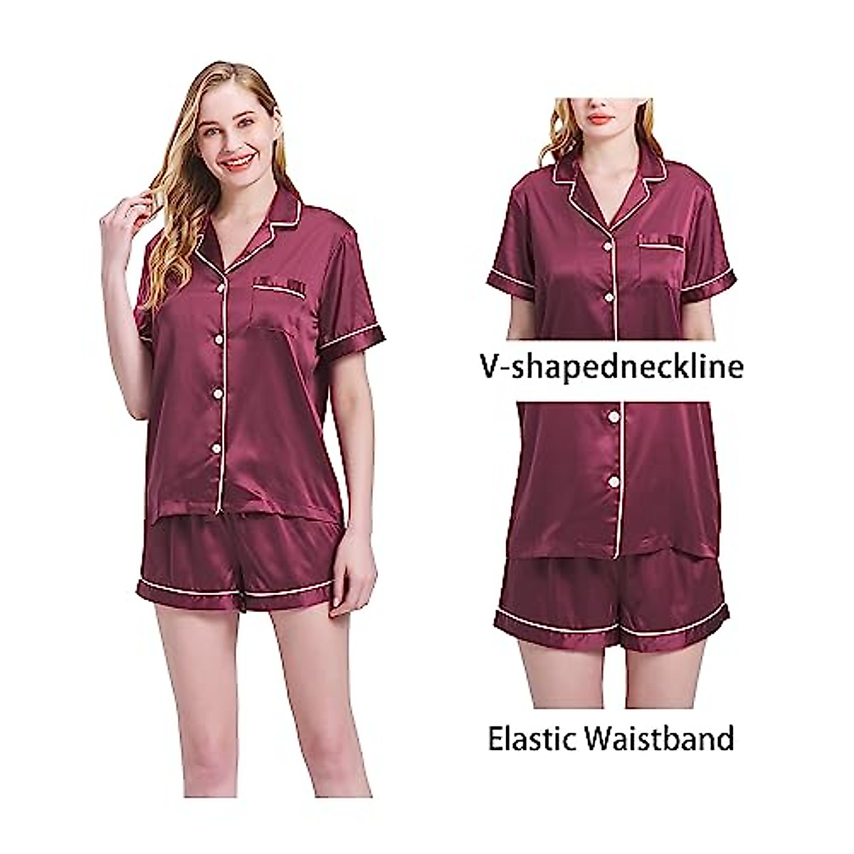 Pure as a lotus Women Sleepwear Sets Silk Pajamas Set Loungewear Button-Down Two-piece Pj Sets Shorts Nightwear Set Red