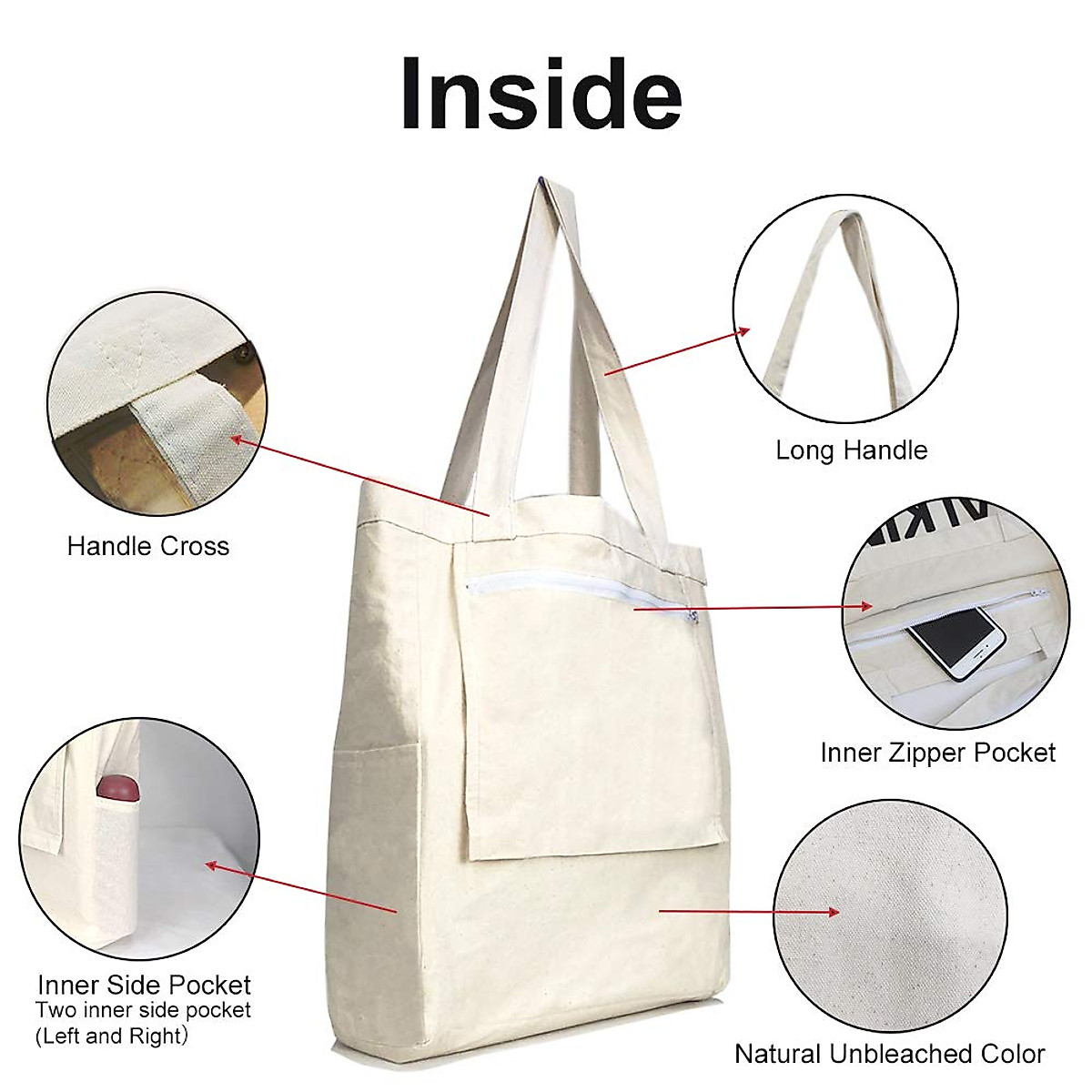 Canvas Tote Bag with 3 Inner Pocket Cotton Heavy Duty Gusseted Shopping Bag for Weekend Overnight School Book (Cute Dog)