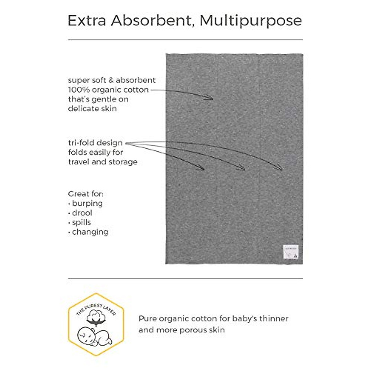 Burt's Bees Baby - 5 Pack of Burp Cloths, 100% Organic Cotton (1 Cloud, 1 Solid Color, 1 Honey Bee, 1 Stripe, 1 Alphabet Bee Print, Heather Grey)