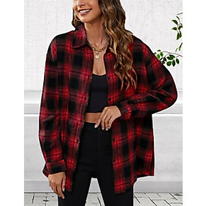 HangNiFang Flannel Red Black Plaid Shirts for Women Oversized Button Down Shirts Blouse(0768-RedBlack-M)