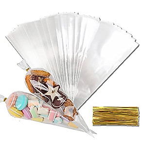LOMIMOS 6X12in Clear Triangle Cellophane Bag,Cone Shaped Treat Cello Goody Bag with Twist Ties for Handmade Bakery Popcorn Cookie Dessert,100pcs