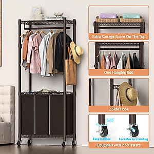 Hodonas Laundry Sorter 3 Section with Hanging Bar, Rolling Laundry Hamper Cart 3-Bag Laundry Basket Organizer Sorter with Hanging Rack Lockable Wheels and Removable Bags for Clothes Storage, Espresso