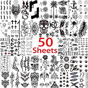 VANTATY 50 Sheets Black Temporary Tattoos For Men Adults Ealge Dragon Lion Wolf Animals For Women Neck Arm Thigh, Fake Small Skull Tattoo Sticker For Kids Children Boys Girls Tatoos