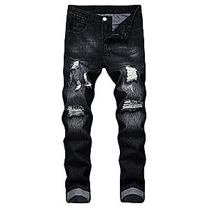 Men's Ripped Washed Slim Fit Jeans Straight Leg Moto Biker Denim Pants Vintage Distressed Skinny Jean Trousers (Black,40)