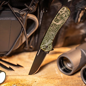OUTDOOR EDGE RAZOR VX1 | Topo Map Etching | Replaceable Blade EDC Flipper Folding Pocket Knife | 3" Stainless Blade, Green Anodized Aluminum Handle, Reversible Pocket Clip | Cool Knife for Men