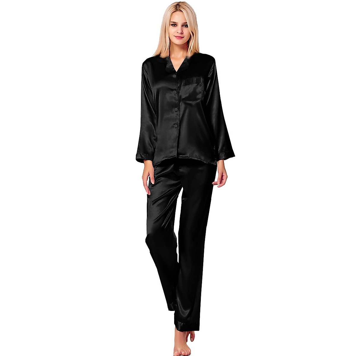 SWOMOG Long Sleeve Pajamas Set Silk Satin Sleepwear Button Down Pjs Loungewear with Pocket Black X-Small