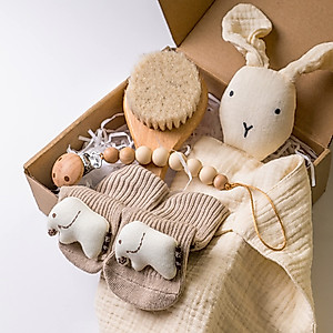 Baby Gift, Baby Baptism Gift, Newborn Baby Gift Set for Boy, Girl or Gender Neutral, Baby Shower with 4 PCS- Brush, Lovey Blanket, Baby Socks and Silicone Pacifier Clip
