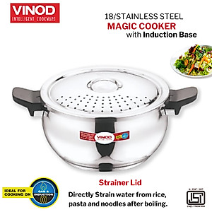 Vinod Magic Stainless Steel Smart 3 in 1 Pressure Cooker 5.5 Litre | 5mm Thick Base | All in One Cooker with Strainer & Glass Lid | Induction and Gas Base | ISI certified, Silver
