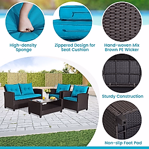 HAPPYGRILL 4 Pieces Patio Furniture Set Outdoor PE Rattan Conversation Set with 2-Tier Coffee Table, Extra Storage Shelf and Cushions, Patio PE Wicker Sofa Set for Garden Backyard Poolside