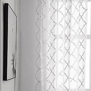 YJ YANJUN White Silver Kitchen Curtains 45 Inch Length Metallic Prin Short Curtains for Small Window Sheer Curtains 45 inch Length Set of 2 Panels 52 W x 45 L Inch White/Silver