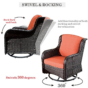 Patio Furniture Set 7 Pieces Swivel Rocking Chairs with 50,000 BTU Propane Fire Pit Table Outdoor Wicker Conversation Sofa Couch and Matching Side Table and Ottomans,Brown Wicker Orange Red