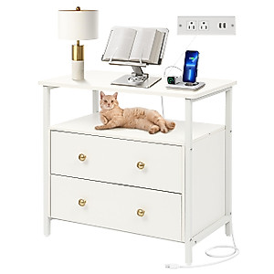 Edbuosy 27 inch Wide Nightstand with Charging Station, Bedside Table with Open Shelf, 2 Drawers Small Wood Dresser, End Side Table for Bedroom (White)