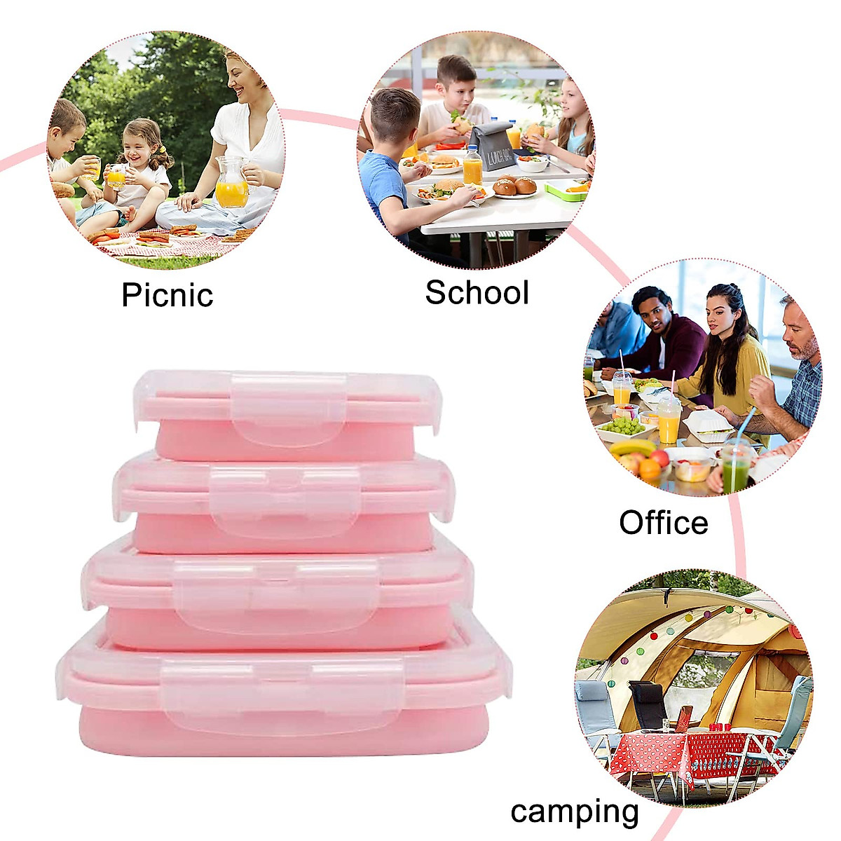 Yagote 4 Pcs Silicone Collapsible Food Storage Containers with Lids Silicone Lunch Box Bento Box BPA free for Kitchen Pantry Organization Microwave Freezer (4pcs-Pink)