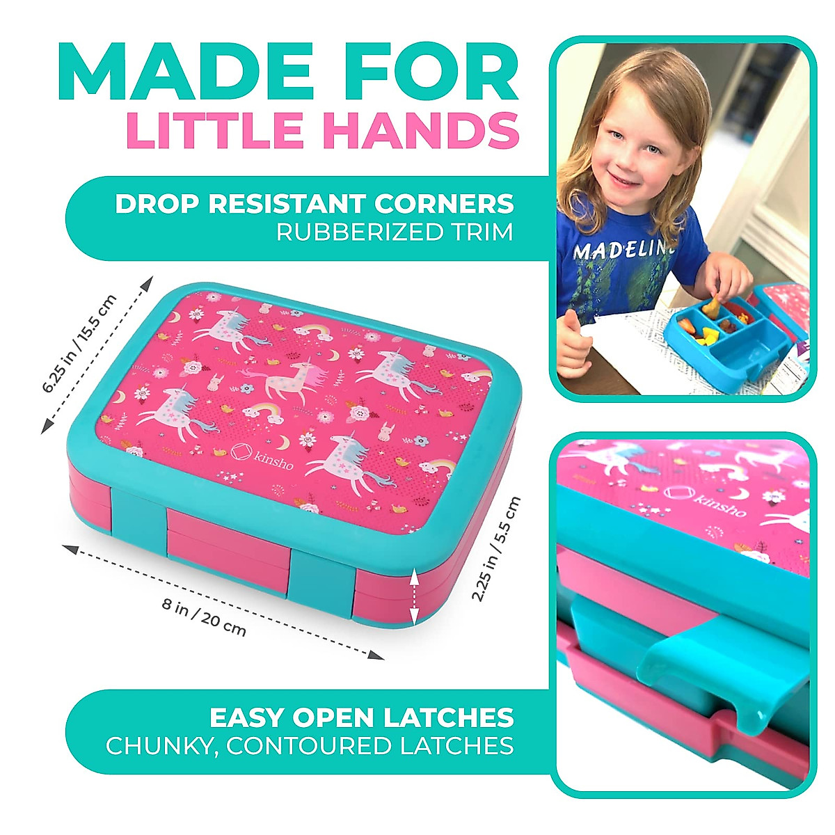 Bento Lunch Box with Insulated Bag, Water Bottle Ice Pack Set for Kids Toddlers, 5 Portion Sections, BPA Free Removable Tray, Pre-School Kid Toddler Daycare Lunches, Snack Container, Pink Unicorn