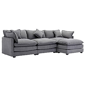 LyuHome 112.2" Sectional Sofa for Living Room, Convertible L-Shape Couch Modular 4 Seater Sofa Couch with Ottoman, 5 Pillows, Grey