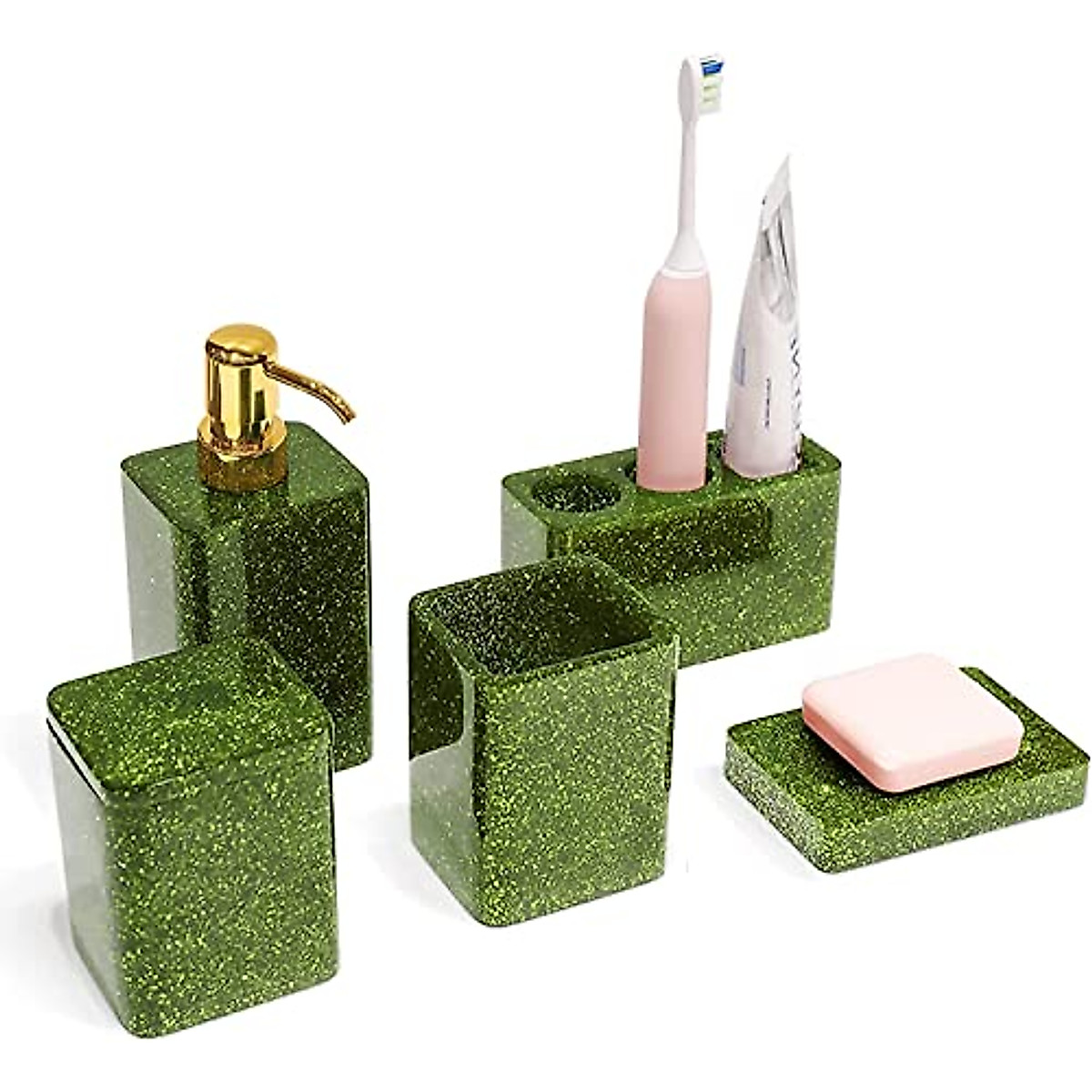 Green Bathroom Accessory Decor Set,5Pcs Premium Resin Bath Accesorios para Baños,Luxury Bling Bathroom Sink Essentials for New Apartment Restroom,Green Toothbrush Holder & Soap Dispenser Set,Giftable