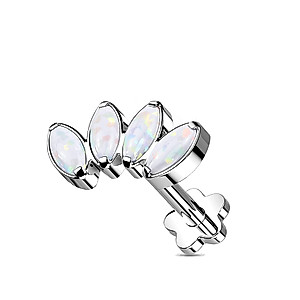 Dynamique Implant Grade Titanium Threadless Push In Flower Base Labret, Flat Back Studs With 4-Marquise Opal Set Peatal Top For Cartilage, Monroe (Sold Per Piece)