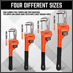 HORUSDY 4 Pack Heavy Duty Pipe Wrench Set, Adjustable 8" 10" 12" 14" Soft Grip Plumbing Wrench Set with Storage Bag