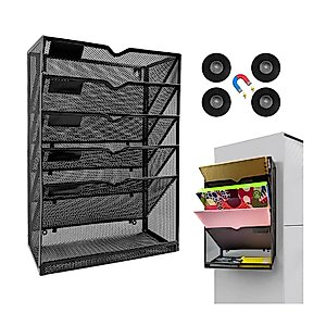 Ocooca Super Strong 6-Tier Magnetic File Holder ,Mesh Wall File Organizer No-Drill Mount Hanging File Organizer for Refrigerator, File Cabinets, Whiteboard, Office, Kitchen