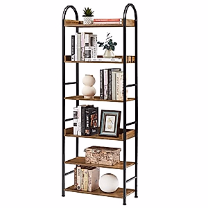DSHADE Tall Book Shelf 6-Tier Bookshelf Industrial Style Metal Bookcase Open Bookshelf with Round Top Frame Adjustable Foot Pads Shelves for Home Office Living Room Bedroom (Brown)