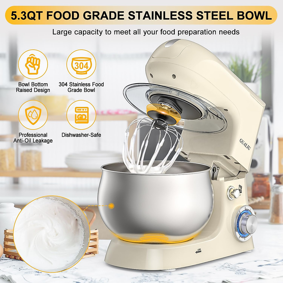GUALIU 7-IN-1 Stand Mixer, 6+P Speeds Kitchen Electric Mixer, 5.3QT Stainless Steel Bowl Mixer With Dough Hook, Whisk, Beater, Meat Grinder, Blender, Multifunctional Household Kitchen Mixer