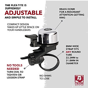 Crane Bike Bell, Brass, Flex-Tite Bicycle Bell, Made in Japan for City Bikes, Cruisers, Road Bikes or MTB, Micro-Adjustable clamp