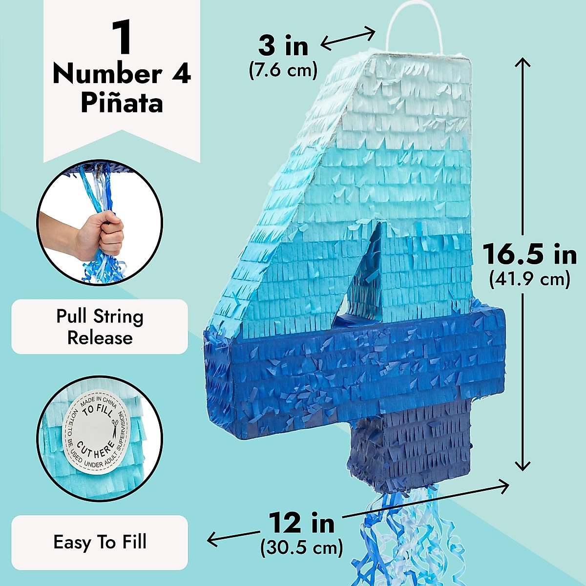 BLUE PANDA Number 4 Pull String Pinata for Boys, 4th Birthday Party Decorations, Ombre Blue (16.5 x 12 x 3 In)