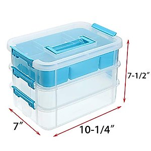 JUXYES 3-Tiers Stack Carry Storage Box With Divided Tray, Transparent Stackable Storage Bin With Handle Lid Latching Storage Container for School & Office Supplies (Blue)