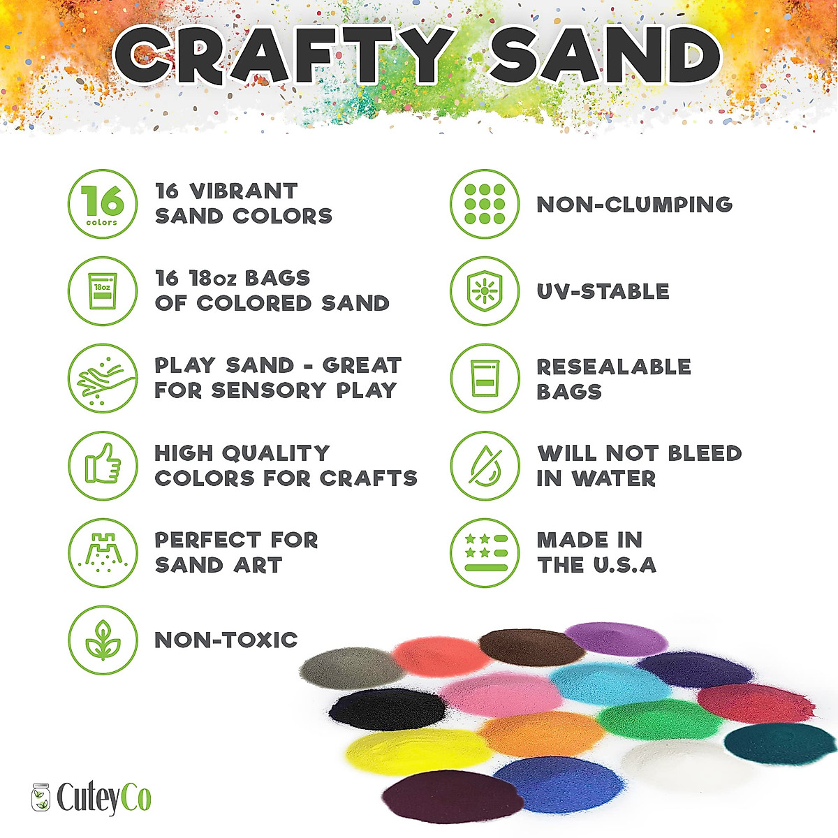 CuteyCo CraftySand’s Big Pack: 16 lbs & 16 Colors for Kids’ Play Sand, Sand Art