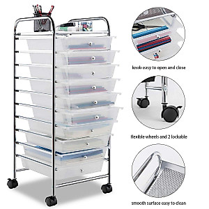 10 Drawer Storage Cart Rolling Cart File Scrapbook Paper Mobile Organizer for School Office (Clear)