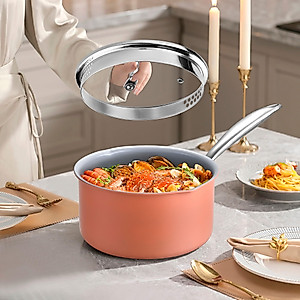 Fracoda Nonstick Ceramic Saucepan 2.5 Qt,Sauce Pot with Strainer Lid,Two Side Spouts for Easy Pour with Ergonomic Handle,Non Toxic,PTFE &PFOA Free - Oven Safe Compatible with All Stovetops,Perracotta