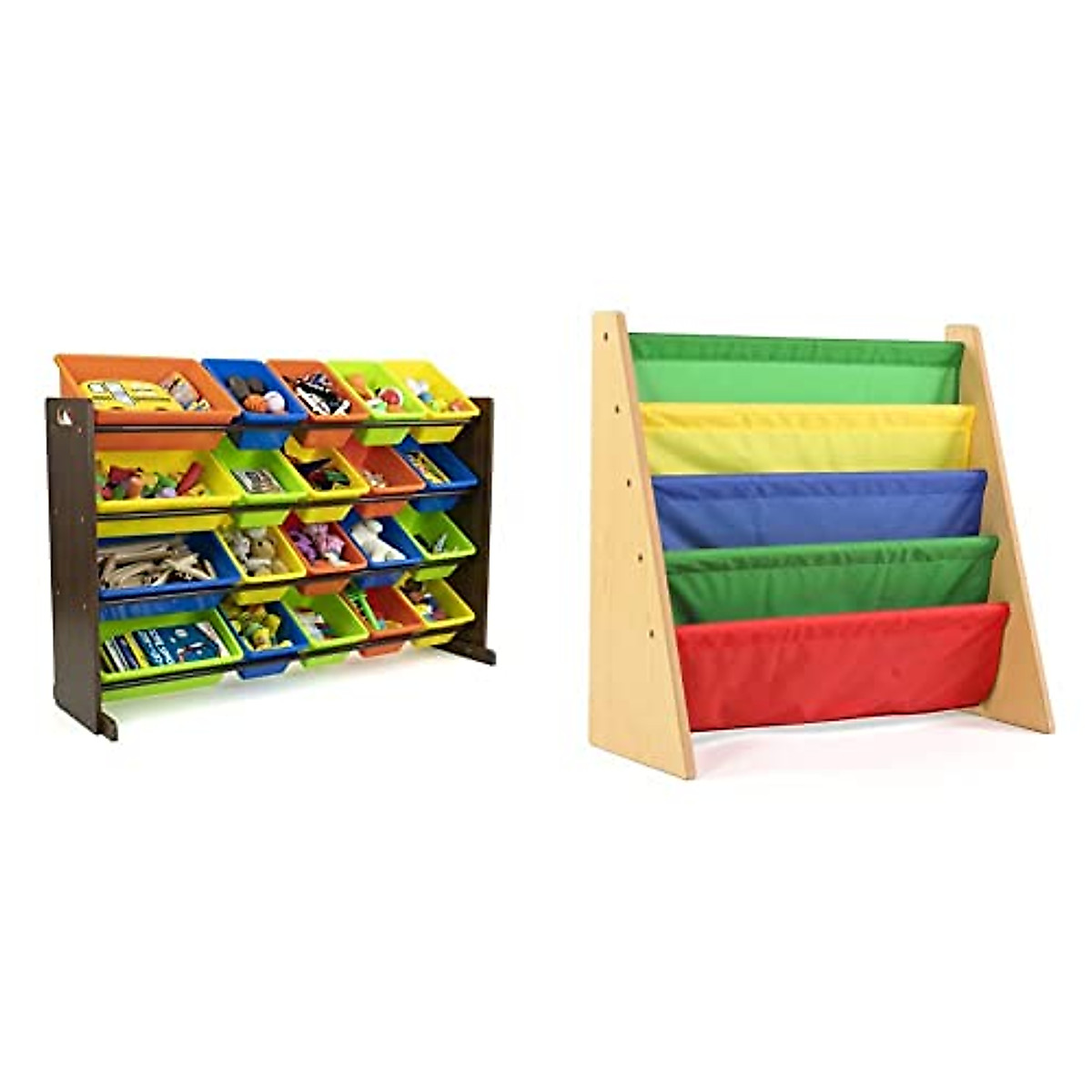 Humble Crew Kids Toy Storage Organizer, Dark Walnut/Neon Multi & Natural Wood/Primary Kids Book Rack Storage Bookshelf, 4 Tiers, Toddler