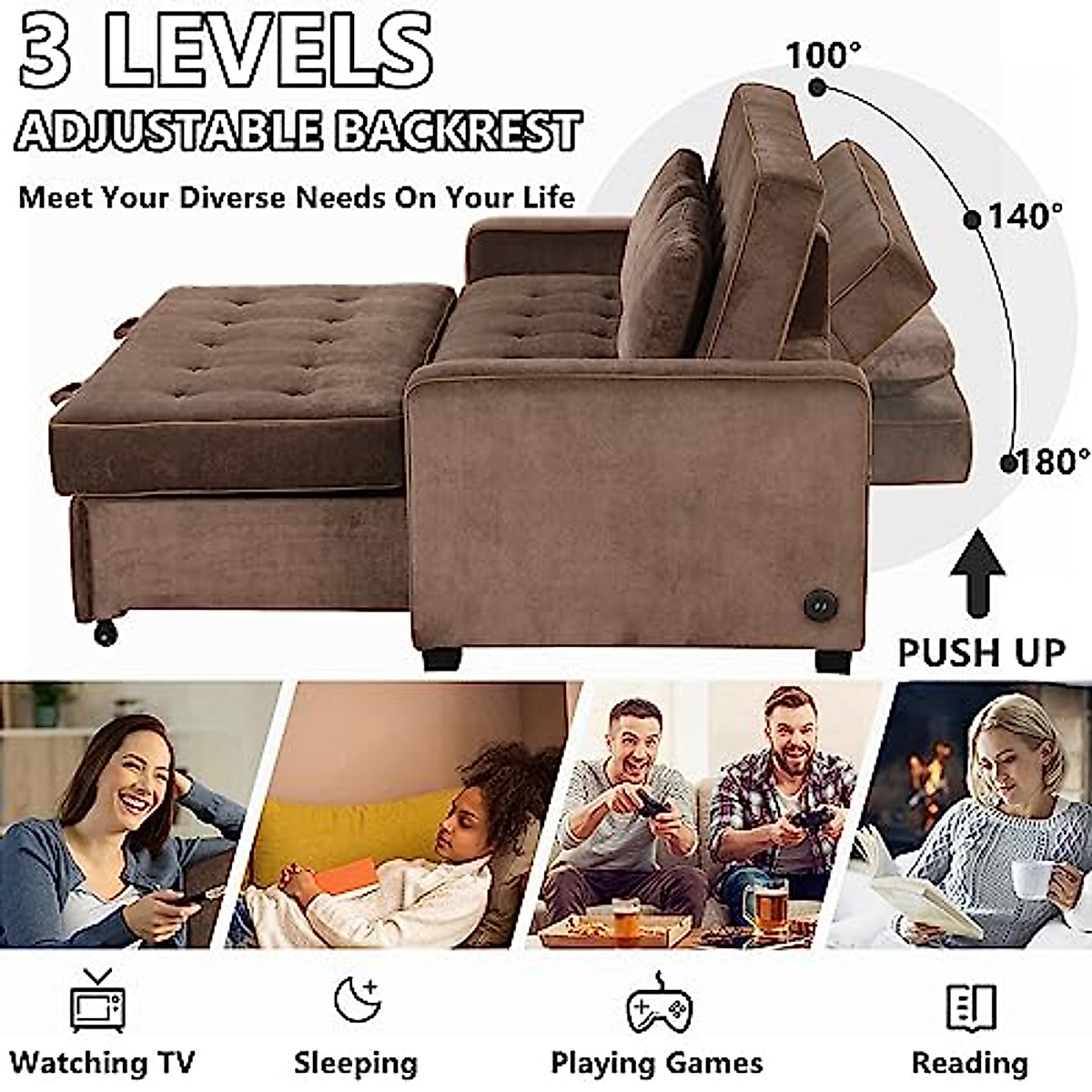 Gynsseh Convertible Sleeper Sofa Bed, 3 in 1 Pull Out Sofa Sleeper with Dual USB Ports and 2 Pillows, Velvet Upholstered Sleeper Loveseat Couch with Pull Out Bed, Full Size, S1-V-Brown