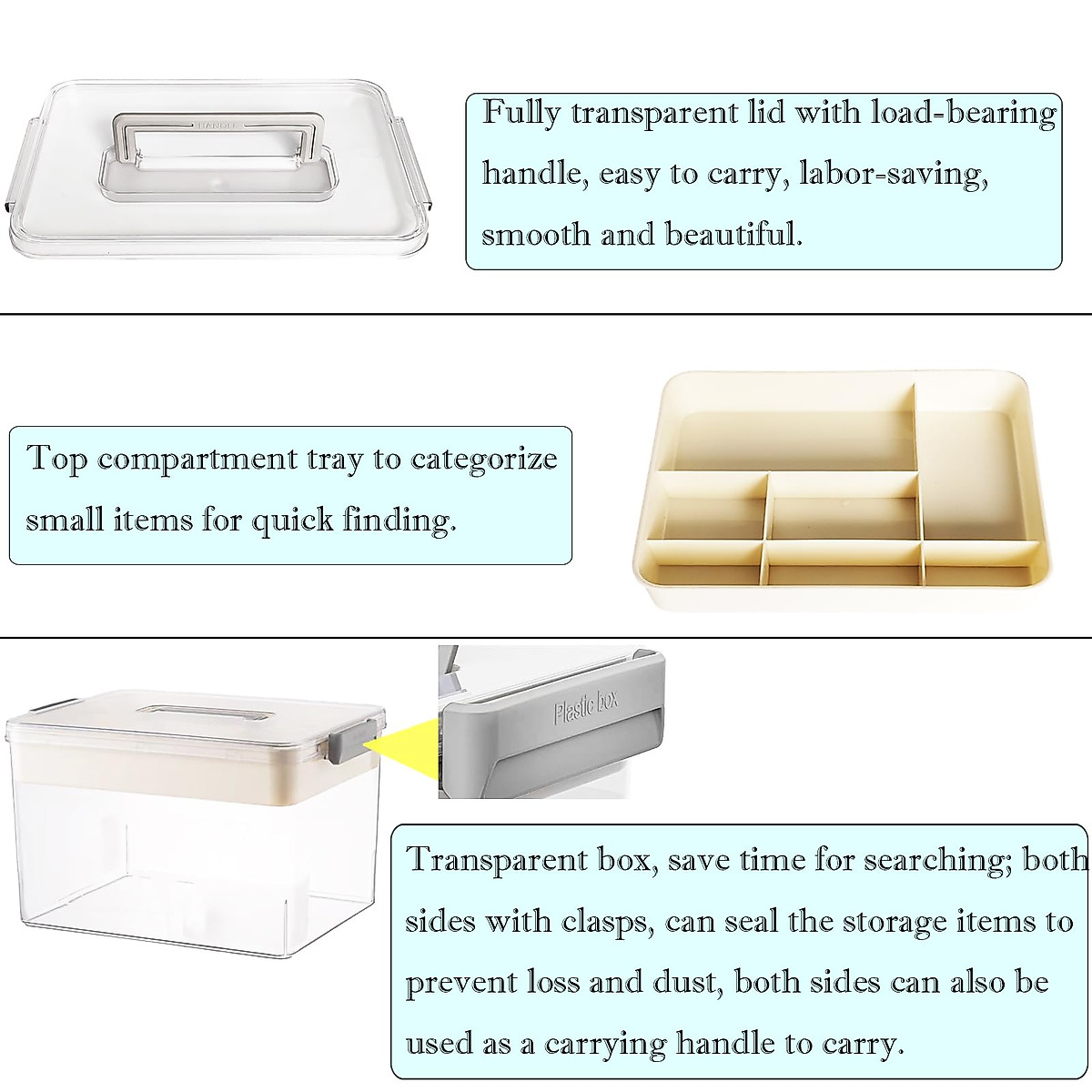 XUDAUP Plastic Storage Boxes with Removable10 inch Crafts Organizer Box Bin with Handle Container Latching Organization for Toys,Stationery,Beads,Sewing Supplies Clear white