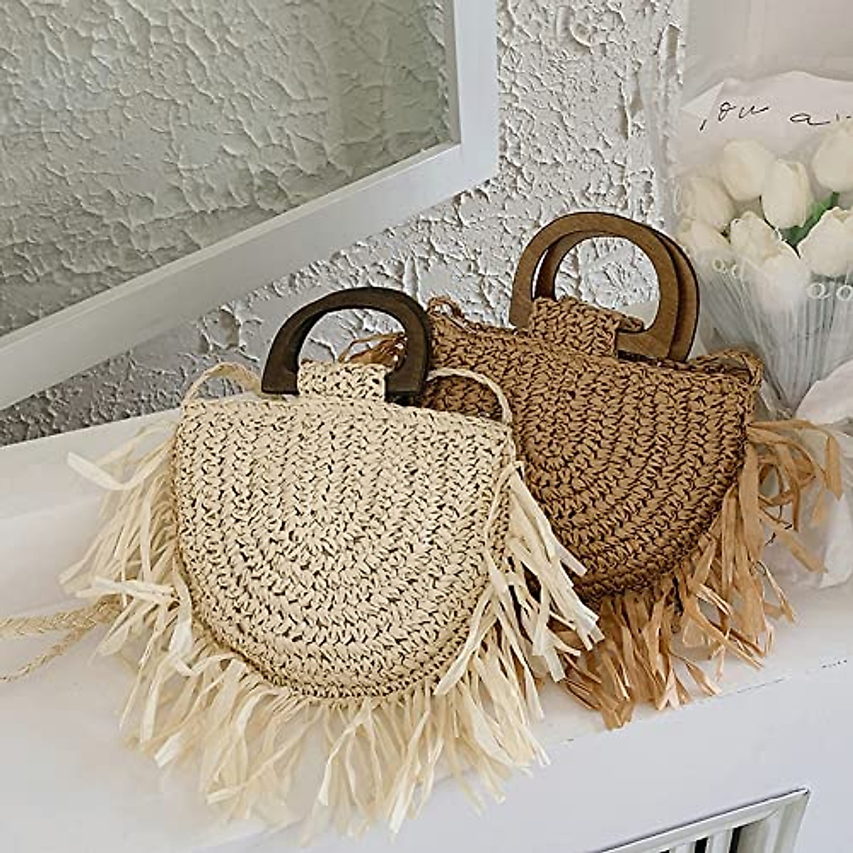 Straw Bag for Women Handmade Woven Crossbody Bags Cute Straw Shoulder Bag Beach Hobo Handbag Travel Vacation Bag
