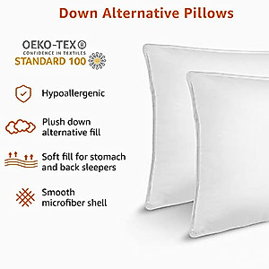 Amazon Basics Down Alternative Pillows, Soft Density For Stomach and Back Sleepers, Standard, Pack of 2, White, 26 in L x 20 in W