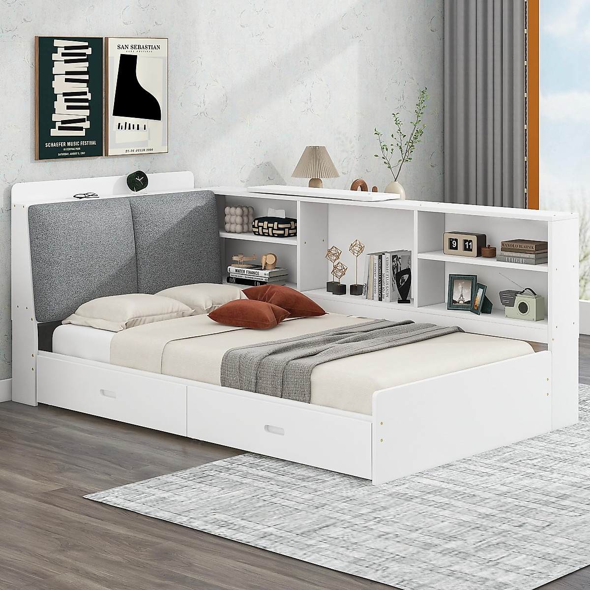 VilroCaz Twin Size Platform Bed with L-Shaped Storage Shelves and Upholstered Headboard, Solid Wood Daybed Frame with 2 Drawers and Rotatable Storage Board, Maximize Space (White-25)
