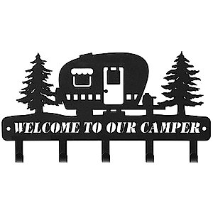 Camper Key Holder for Wall Decorative Metal Camper Key Rack Hanger with 5 Hooks Camper Wall Decor Pine Tree Rustic Key Hook for Wall Mounted Decor for Entryway Front Door Kitchen Hallway Garage Office