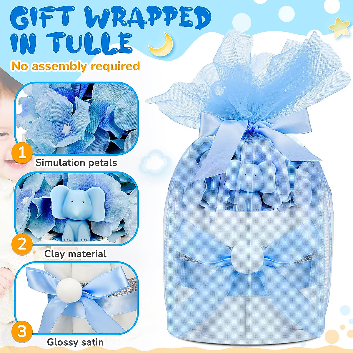 Diaper Cake for Baby Boy and Girl Elephant Crown Diaper Cake Supplies Gender Neutral Baby Diaper Cakes Cute Decorated Baby Shower Diaper Cakes for Newborn Baby Birthday Party (1 Tier, Elephant Style)