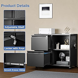 LISSIMO Lateral File Cabinet,2 Drawer Mobile Storage Cabinet with Lock fits A4 or Letter Size for Home Office,Rolling Printer Stand with Open Storage Adjustabl Shelves(Black)