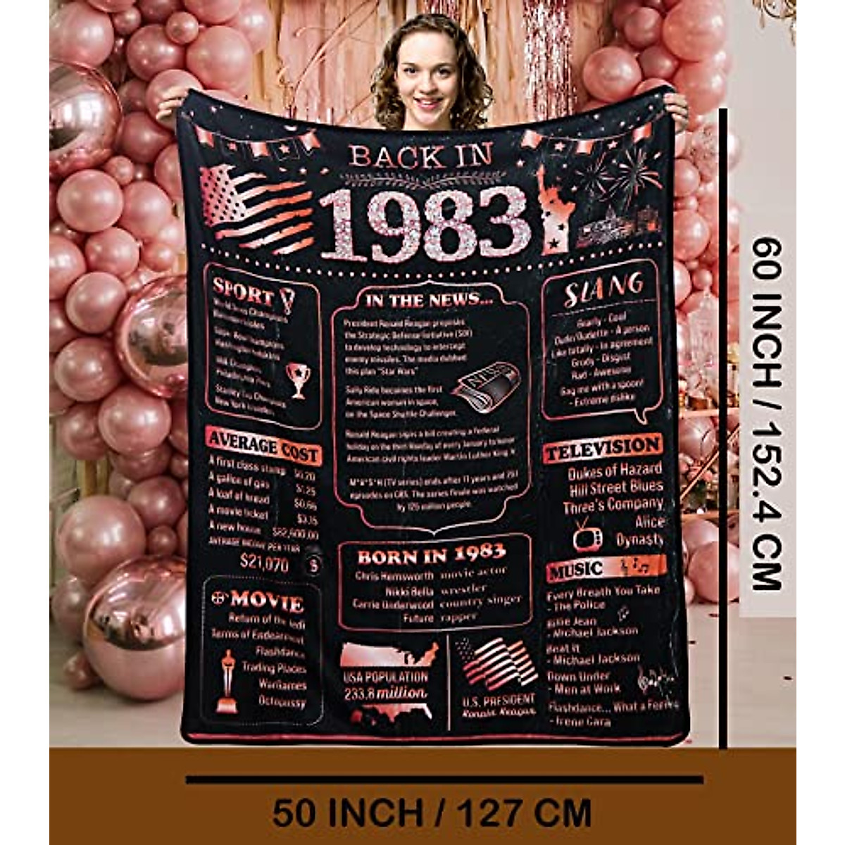 Henghere 40th Birthday Gifts for Women, 40th Birthday Gift for Friend, Mom, Sister, Wife, Aunt, Coworker, Happy 40 Year Old Birthday Decorations Women | Blanket for Bed Sofa 60x50 Inches, Rose Gold