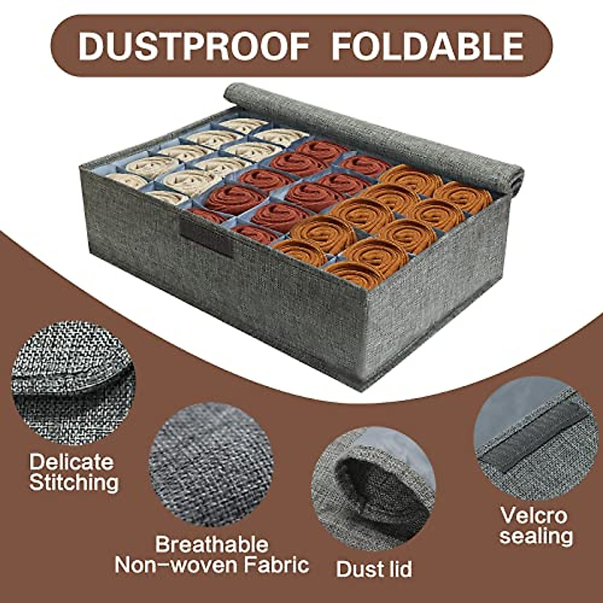 Sock Drawer Organizer Divider 2 Pack Socks Organizer with Lid 30 Cell Foldable Closet Sock Storage Divider Tie Storage Underwear Storage Boxes for Storing Socks Ties Bra Handkerchiefs Belts (Gray)