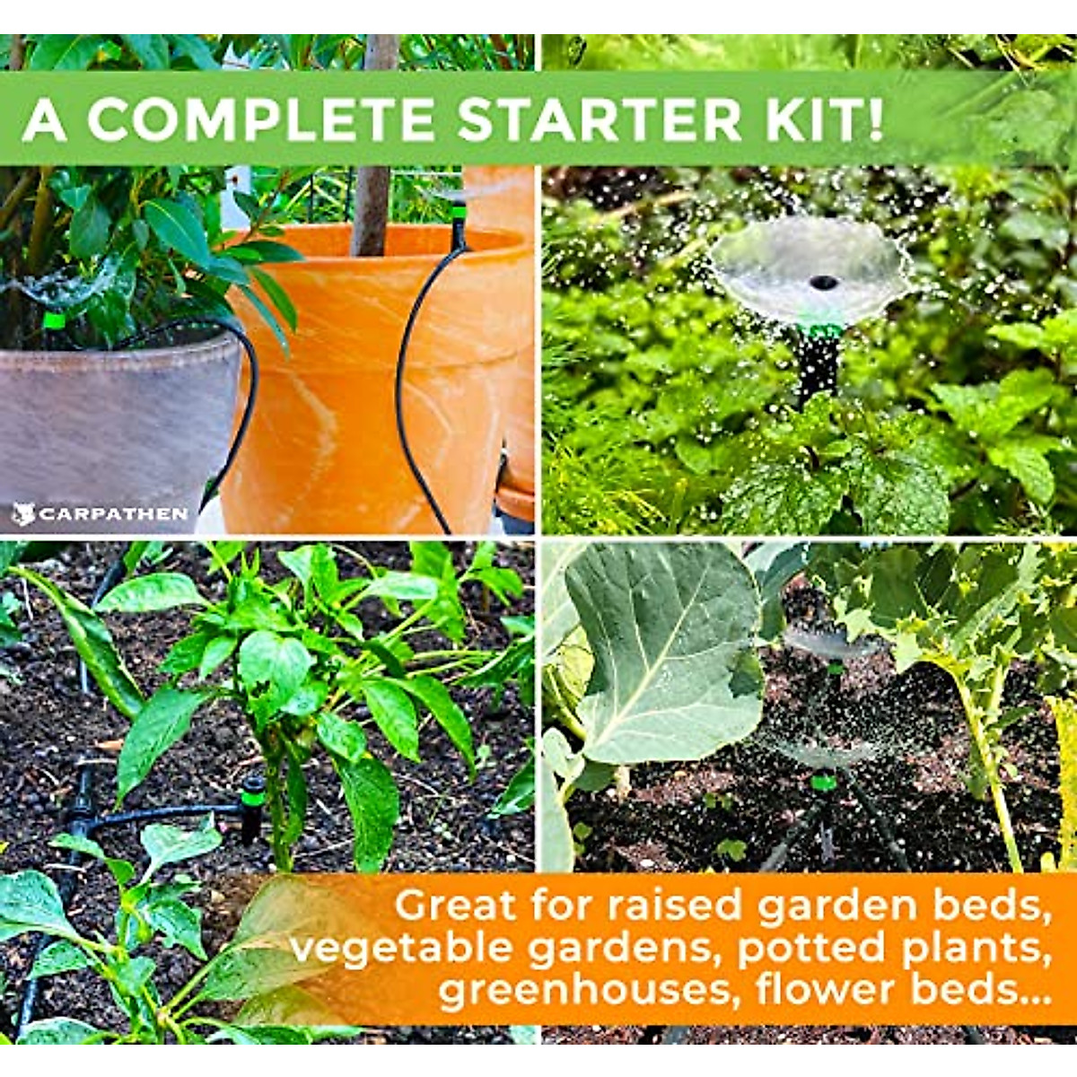 CARPATHEN Irrigation System - Adjustable Premium Drip Irrigation for Small Garden, Potted Plants, Hanging Baskets, Raised Garden Beds, Containers - Complete with Drip Emitters, Tubing and Connectors