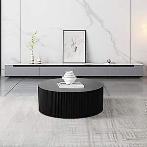 Round Coffee Table, Modern Black Side Table End Table for Living Room, Wood Circle Drum Coffee Table with Handcrafted Relief, Contemporary Living Center Table