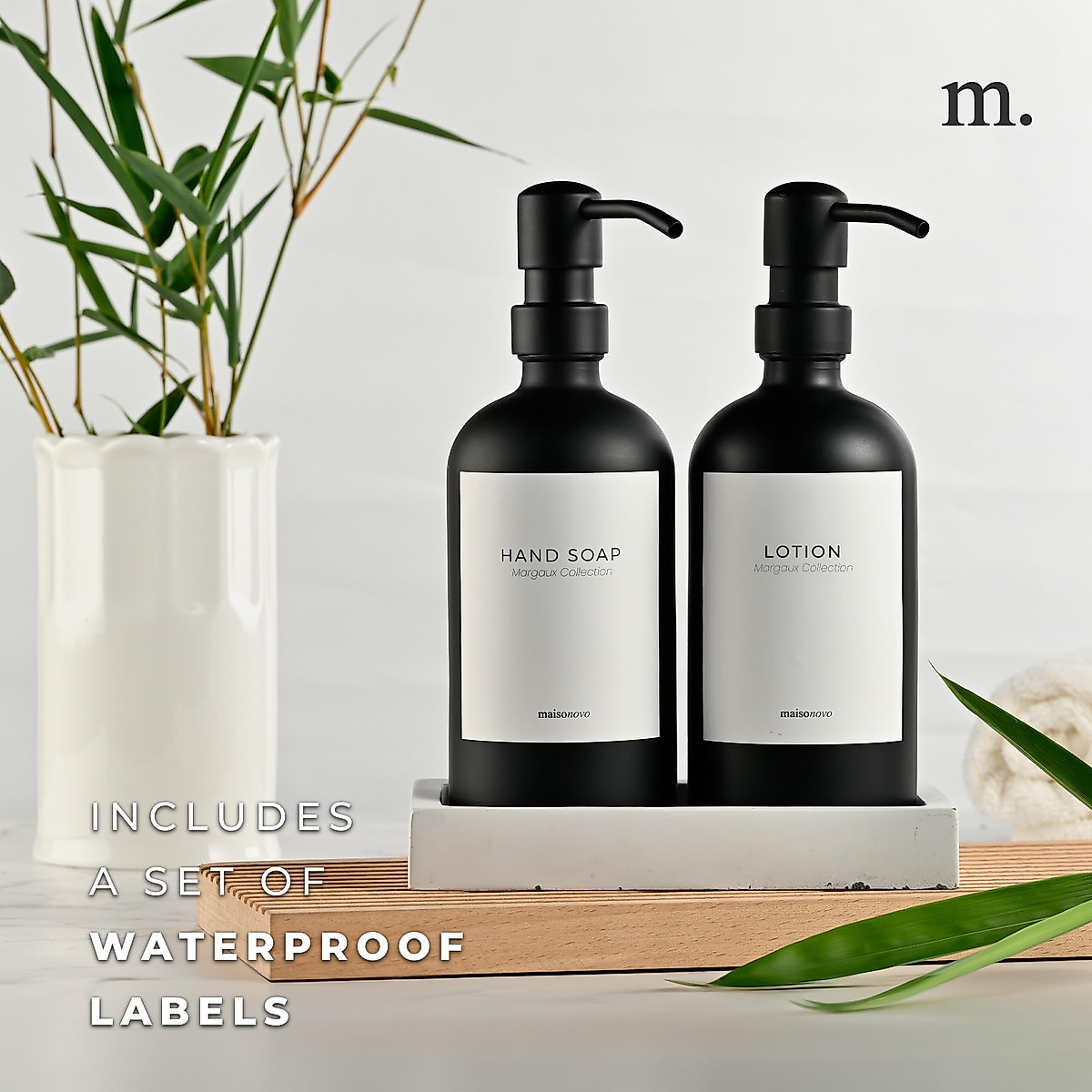 MaisoNovo Soap Dispenser 3-Piece Set | 16.9oz Black Bottles with Black Stainless Steel Pumps