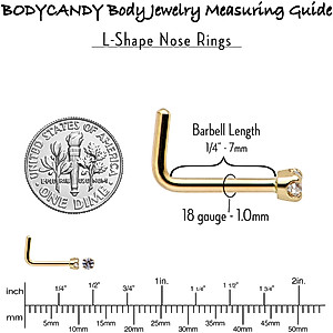 Body Candy Solid 14k Yellow Gold 2mm Clear Cubic Zirconia L Shaped Nose Stud Ring 18 Gauge 1/4"