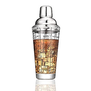 Etens Glass Cocktail Shaker, Martini Shaker 14oz with Recipes on Side | Clear Bar Shaker with Measurements | Built in Strainer with Seal | Crystal Drink Margarita Shakers Bartending