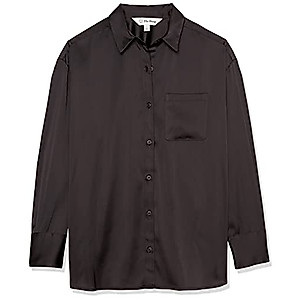 The Drop Women's Black, Logan Silky Long Sleeve Basic Button Down Shirt, L