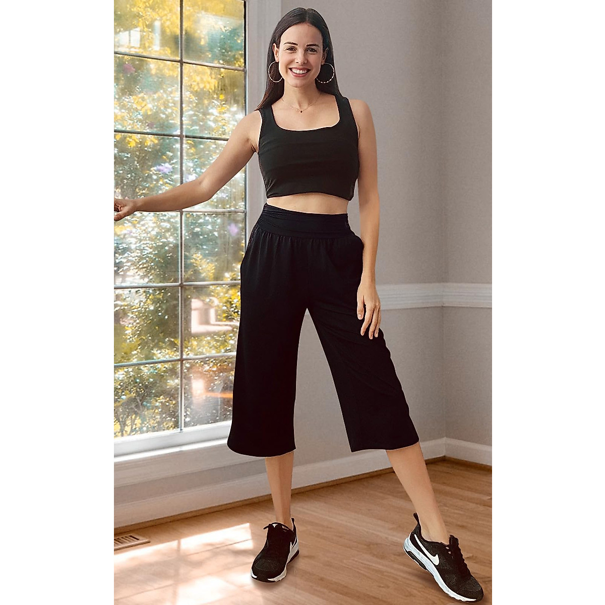 TARSE Women's High Pleated Waisted Capri Pants Casual Wide Leg Grey Yoga Pants Loose Soft Pajamas with Pockets Sweatpants Light Gray 2XL XXL