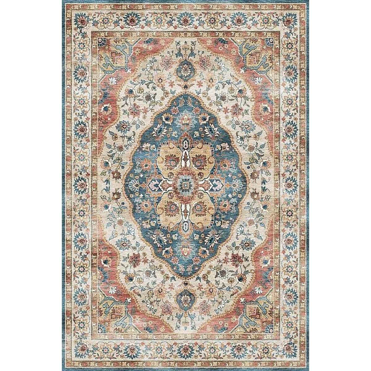 vivorug Washable Rug, Ultra Soft Area Rug 5x7, Non Slip Boho Rug Foldable, Stain Resistant Rugs for Living Room, Persian Tribal Medallion (Yellowish/Navy, 5'x7')